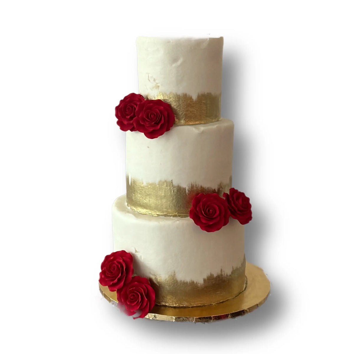 3 Tier Gold Brushed Wedding Cake with Red Roses – That's The Cake Bakery